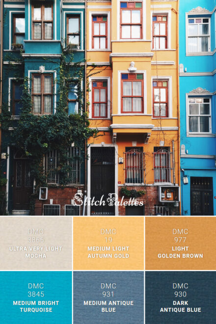 Blue And Yellow Buildings - Embroidery Color Palette (With Thread Codes)