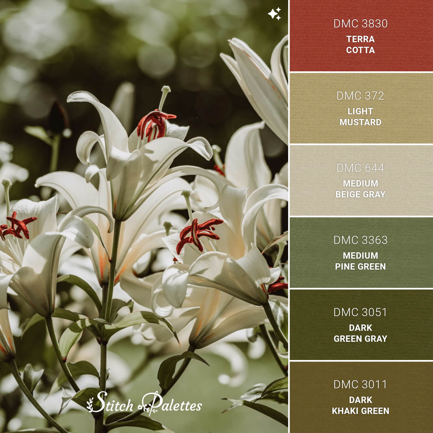 White Lilies - Embroidery Color Palette (With Thread Codes)