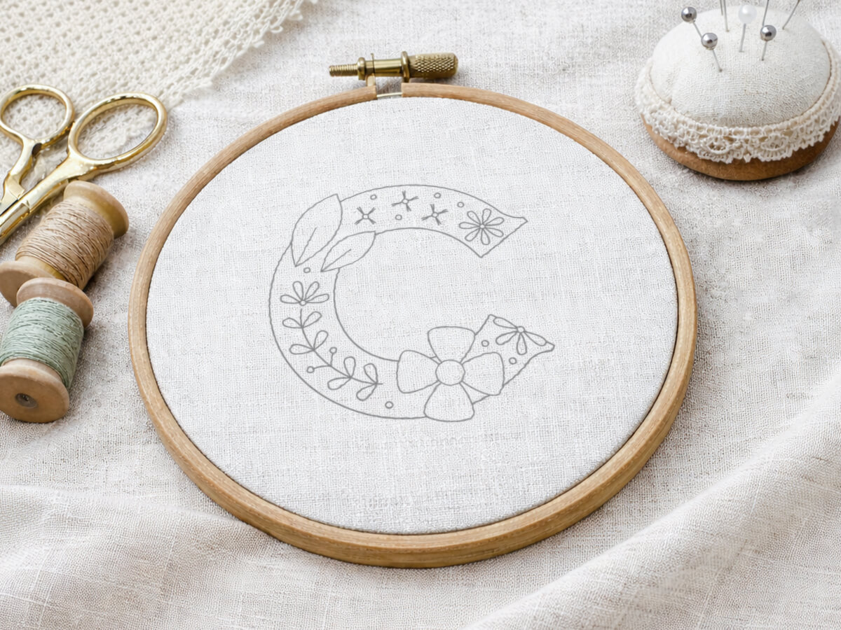 Letter C Outline Hand Embroidery Pattern, Bold Botanica Alphabet