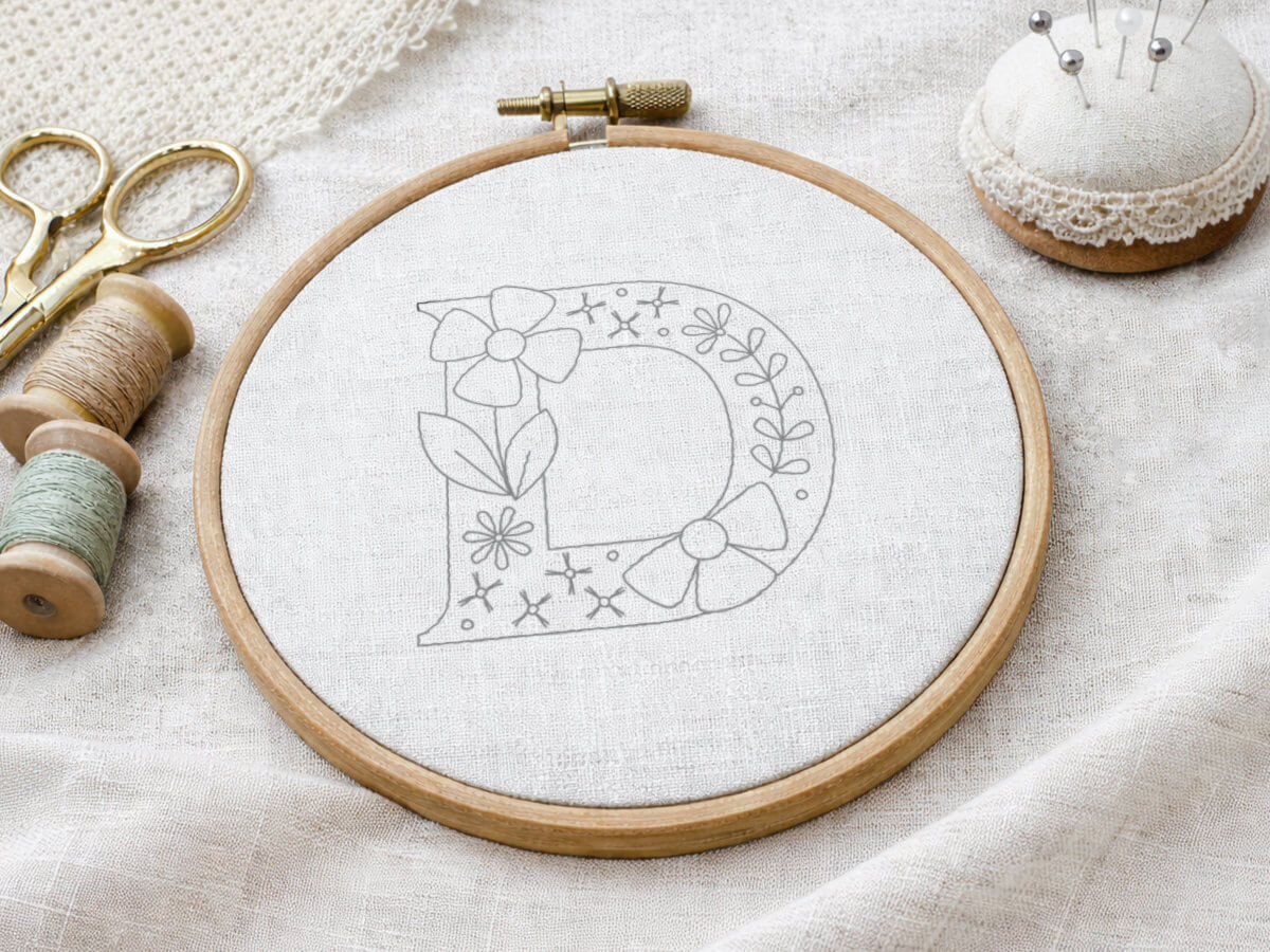 Letter D Outline Hand Embroidery Pattern, Bold Botanica Alphabet