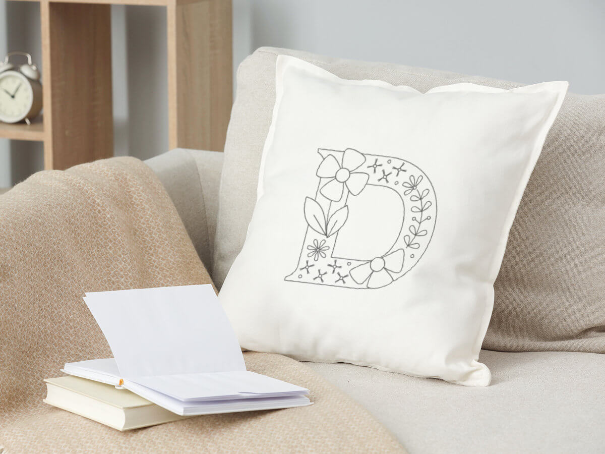 Letter D Outline Hand Embroidery Pattern, Bold Botanica Alphabet
