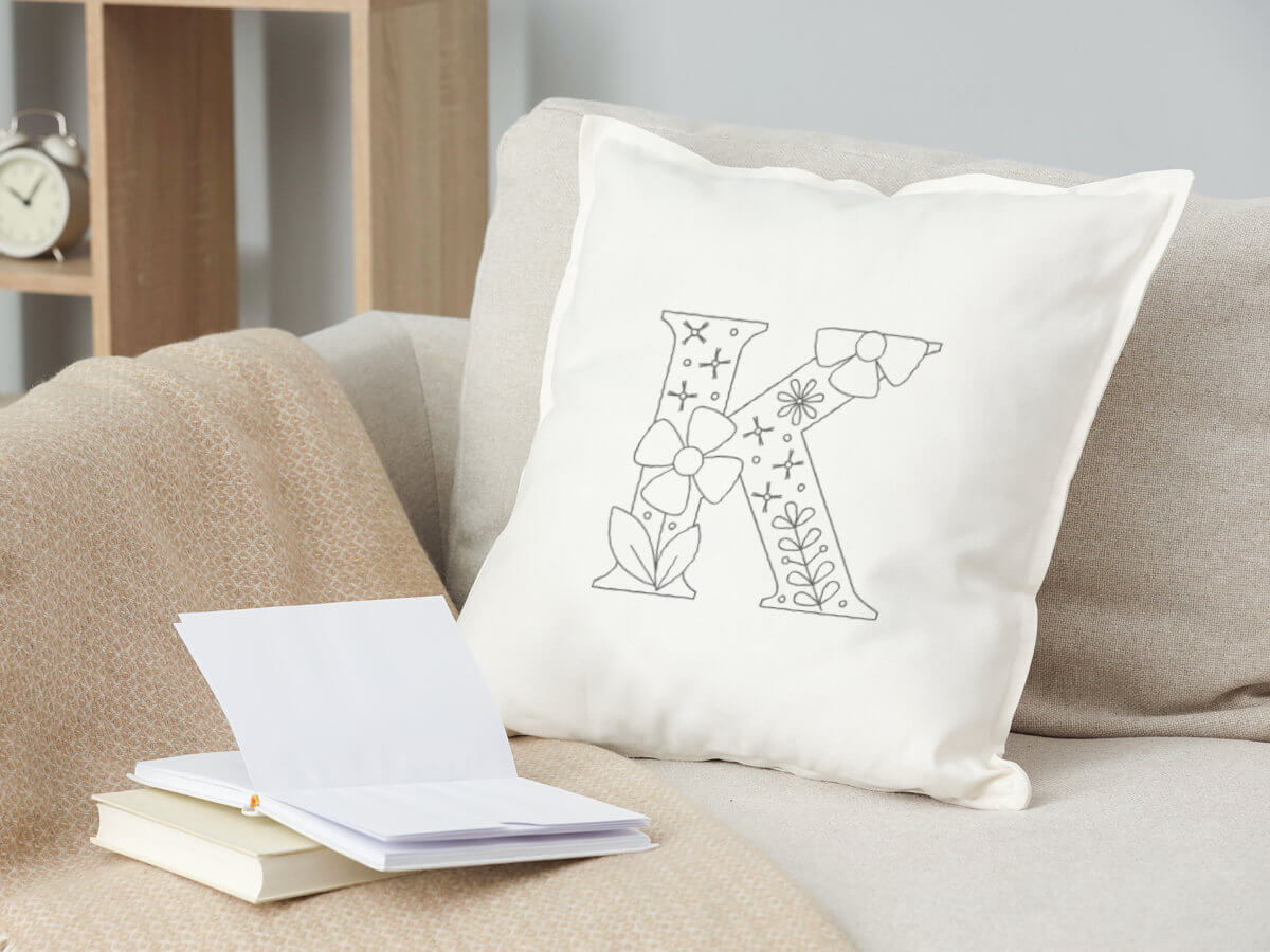 Letter K Outline Hand Embroidery Pattern, Bold Botanica Alphabet